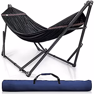 Tranquillo Double Hammock with Stand Included for 2 Persons/ Foldable Hammock Stand 550 lbs Capacity Portable Case - Inhouse, Outdoor, Camping, Black