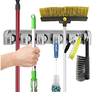 Stalwart Garden Tool Organizer Wall Mount Broom and Mop Holder, 5 Adjustable Slots and 6 Hooks Utility Rack for Garage or Home Organization