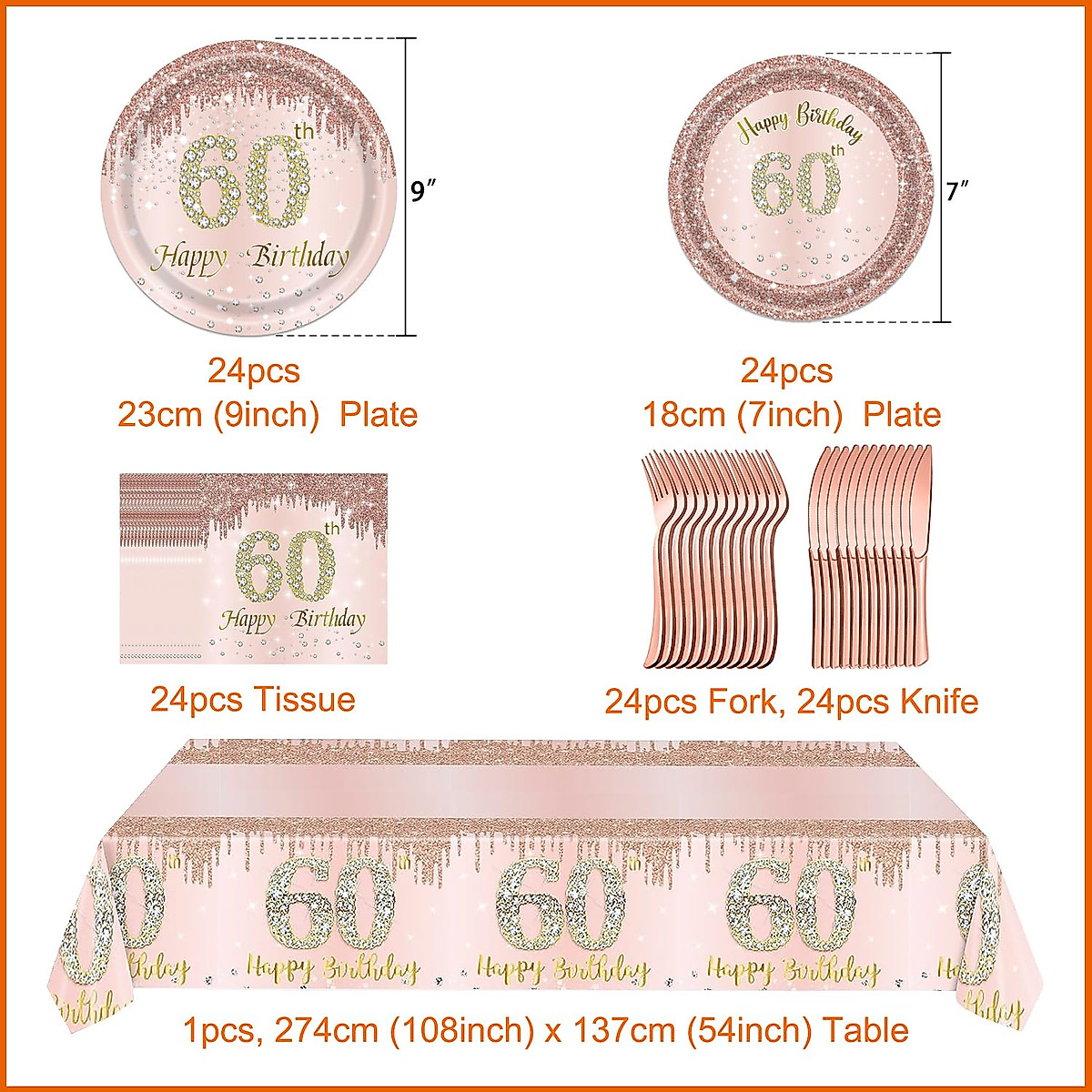 Rose Gold Birthday Party Supplies,Disposable Party Tableware Sets - 60 Years Paper Plates,Napkins,Plastic Forks Knives,Tablecloths,60th Birthday Decorations for Women,24 Guests
