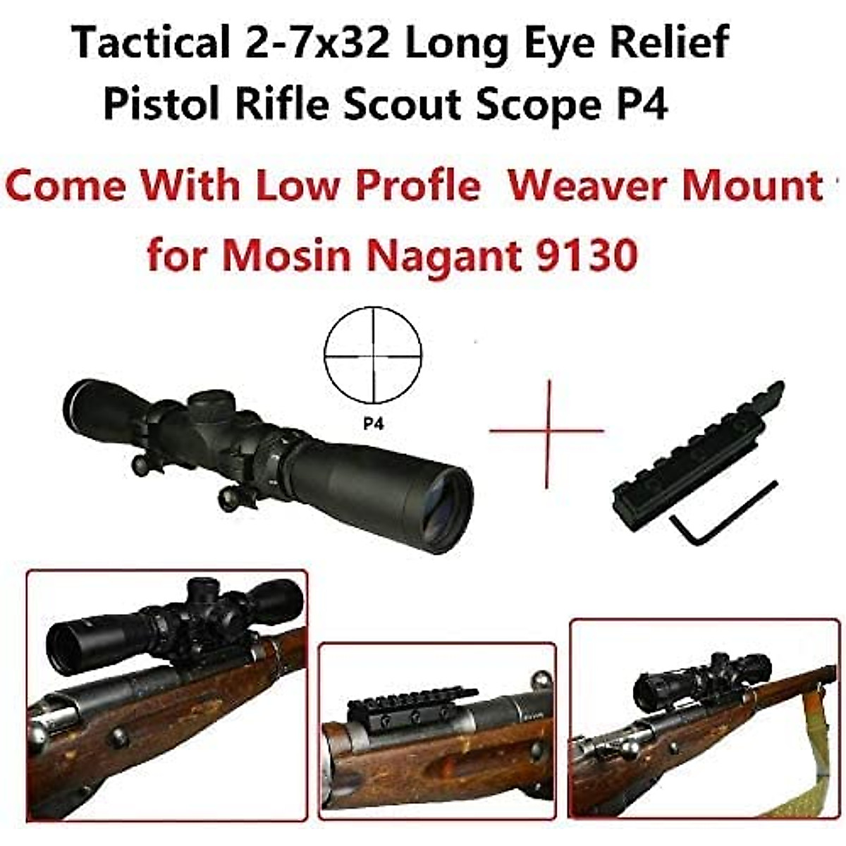 GOTICAL Sports Long Eye Relief Rifles P4 Scope 2-7X32 Fog and Water Resistant + Low Profile Mosin Nagant 11mm Picatinny Rail Adapter Converter 91/30 Model Scope Weaver Mount Compact Short Durable