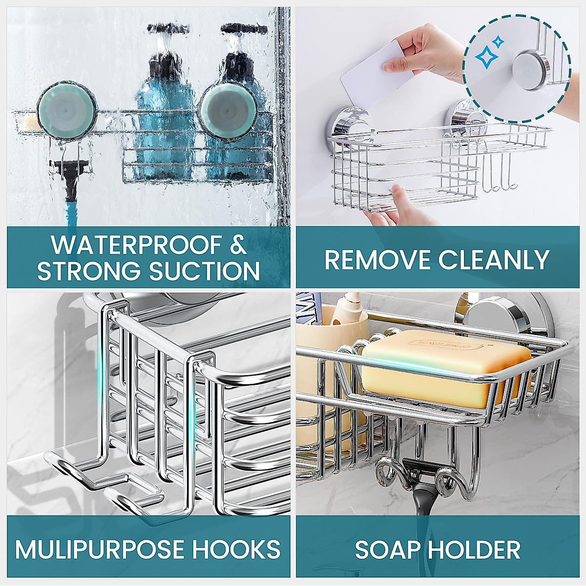 TAILI Shower Caddy Suction Cup 2 Pack with Hooks & Soap holder, Heavy Duty Shower Organizer for Bathroom, No Drilling Black Shower Shelves for Inside Shower, Silver Metal Shower Holder