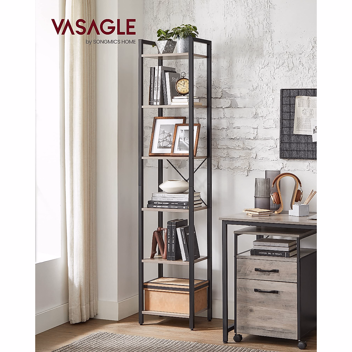 VASAGLE 6-Tier Tall Bookshelf, Narrow Bookcase with Steel Frame, Skinny Book Shelf for Living Room, Home Office, Study, 11.8 x 15.7 x 73.8 Inches, Industrial Style, Greige and Black ULLS101B02