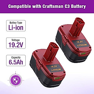 LORDONE 2Packs 6500mAh C3 Lithium Battery for Craftsman 19.2 Volt Battery DieHard XCP 315.115410 315.11485 130279005 1323903 130285003 130211004 120235021 11375 11376 315.PP2011 Cordless Battery