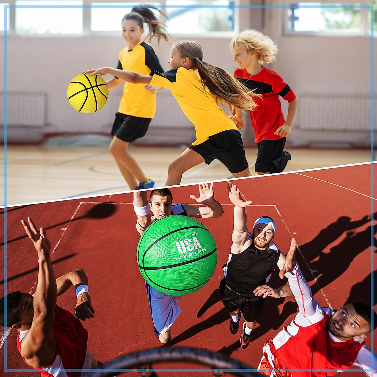 Libima 4 Pcs Rubber Basketball with Pump Official Indoor Outdoor Basketball Sport Gift for Game Practice Training Kids Teens Adults Streetbballs(Size 6,Yellow, Green, Blue, Orange)