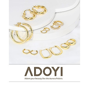 Adoyi Small Gold Huggie Hoop Earrings for Women Chunky Twisted Big Gold Hoops Set Hypoallergenic 14K Gold Plated Large Huggie Hoop Earrings Pack for Women Gift Lightweight 7 Pairs ball earrings