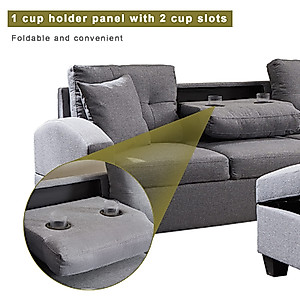 Unovivy Large Sectional Couches for Living Room, 109" L Shaped Upholstered Sofa with Chaise, Ottoman and Cup Holders, 3-Piece Fabric Furniture Sets, Suitable Space & Apartment, Light Gray