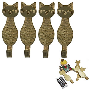 Key Holder, Decorative Vintage Cat Shaped Key Rack, Brass Antique Wall Hooks Unique Coat Hooks,for Hanging Scarf Bag Keys Hats Towel Utility Cat Hook(4 Pack)