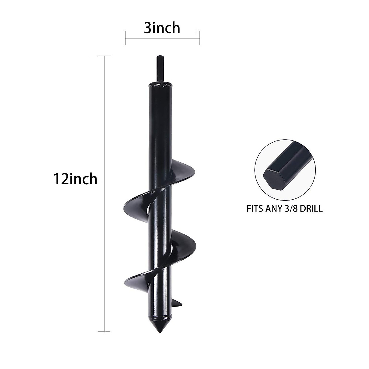 Harapu Auger Drill Bit, Non-Slip -3" x 12" Garden Plant Flower Bulb HEX Shaft Auger Earth Auger Bit, Post or Umbrella Hole Digger for 3/8" Hex Drive Drill Black
