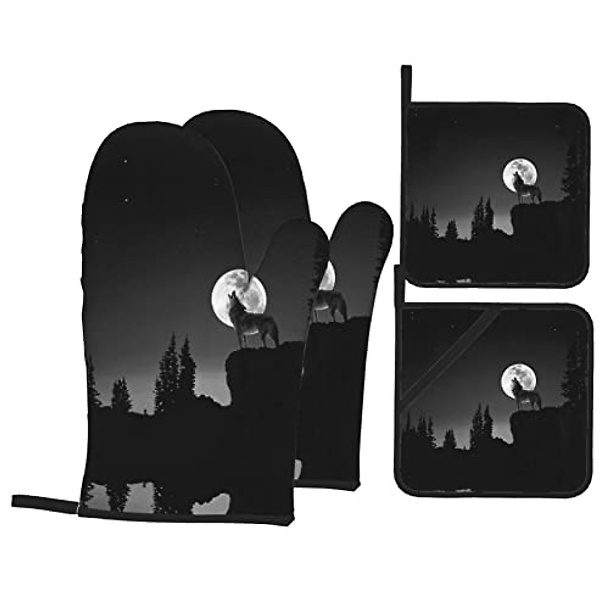 Wolf Night Moon Oven Mitts and Pot Holders Sets,Multi-Function Kitchen Pot Holders with Pocket (4 Pcs)