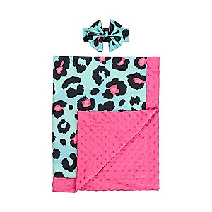 Wowlala Baby Blanket for Newborn- Receiving Blanket and Headband Set for Crib Stroller,Baby Shower Newborn Gift(Leopard Print Turquoises/hot Pink)