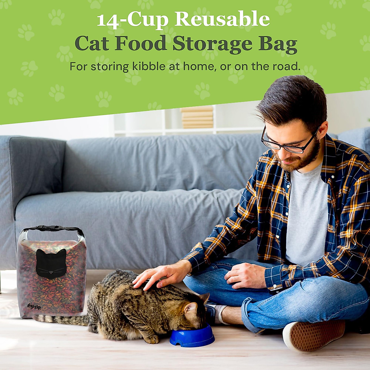 (re)zip Reusable Cat Pet Food Storage Bag | 14-Cup Capacity | Airtight Roll-Top Closure | Durable, BPA-Free PEVA | Translucent & Travel-Friendly | Keeps Kibble Fresh & Organized | Machine Washable