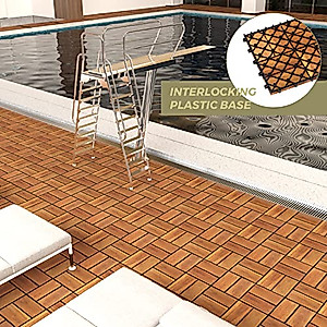Wood Interlocking Flooring Tiles (Pack of 10, 12" x 12"), Solid Wood Acacia Deck Tiles Interlocking, Patio Tiles Outdoor Interlocking Waterproof All Weather (8 slat, Natural Color)
