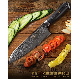 KESSAKU Santoku Knife - 7 inch - Damascus Dynasty Series - Razor Sharp Kitchen Knife - Forged 67-Layer Japanese AUS-10V High Carbon Stainless Steel - G10 Garolite Handle with Blade Guard