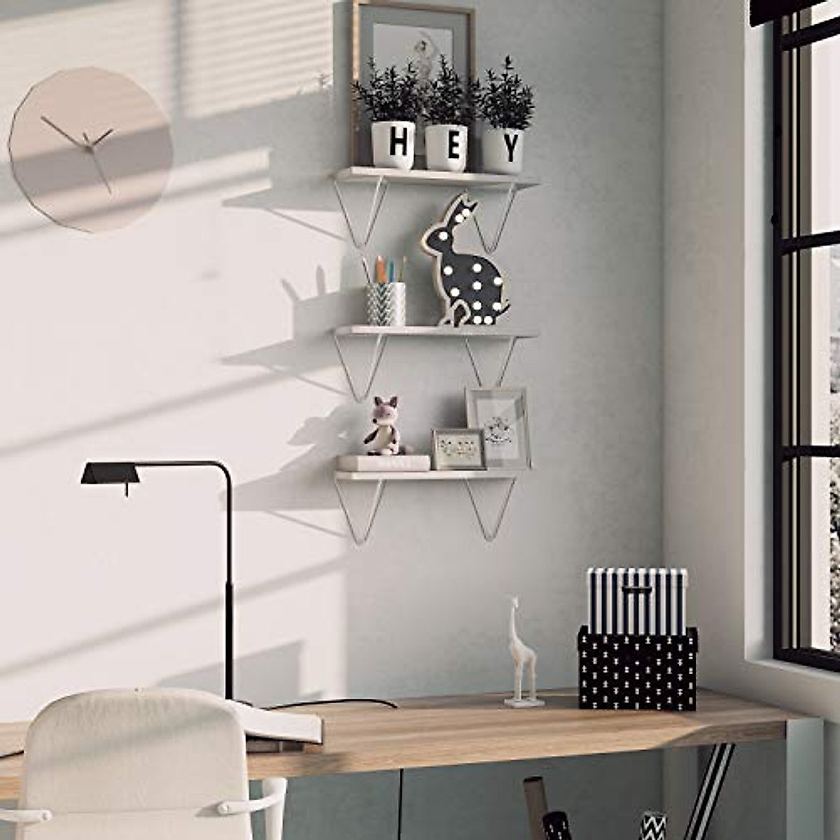 Wallniture Colmar Washed White Floating Shelves for Wall, Wood Wall Shelves for Living Room, Geometric Triangle Shelf with White Brackets Set of 3