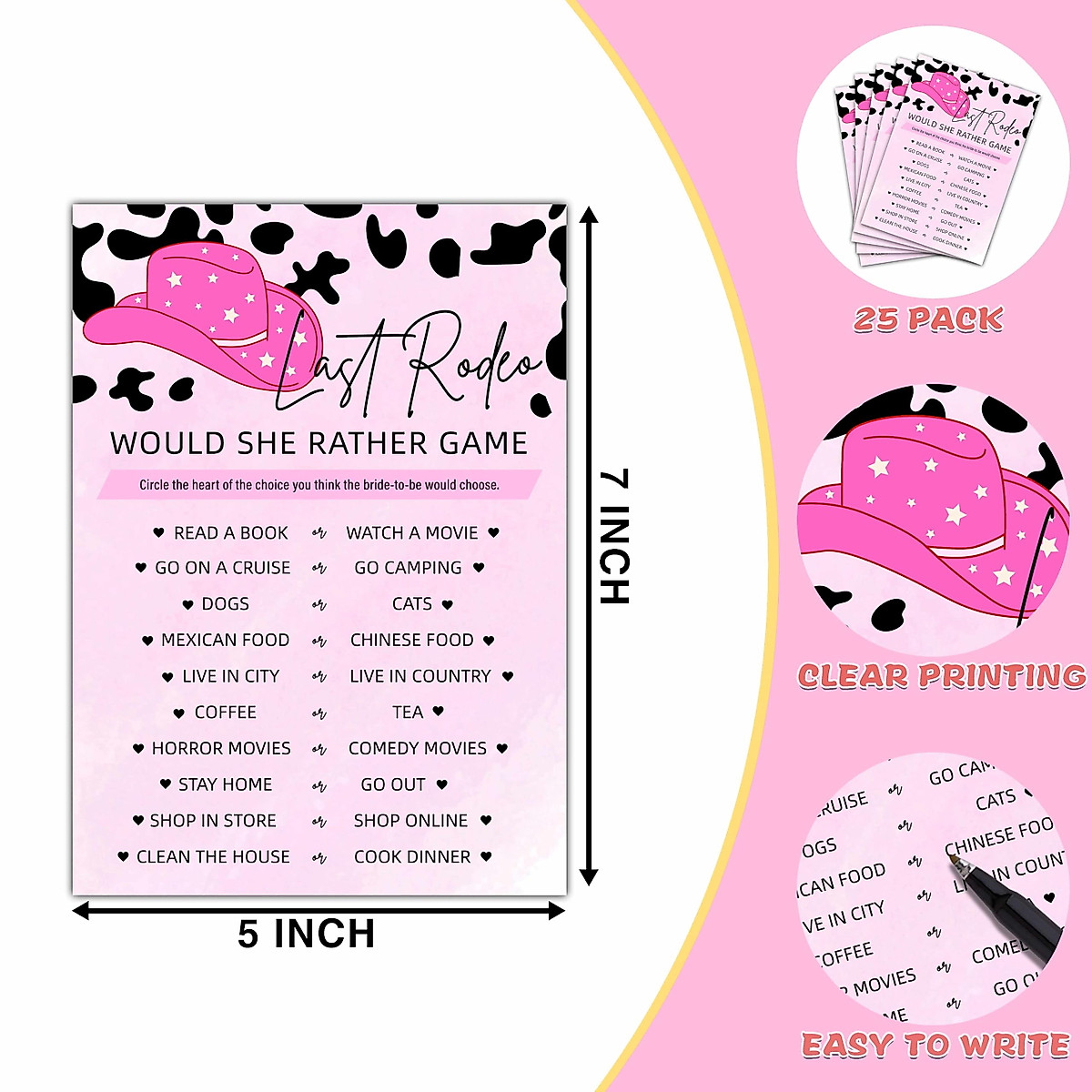 Last Rodeo Bachelorette Game - Nashville Cowgirl Bridal Shower Games - Would She Rather Wedding Shower Games Ideas - Country Engagement Party Games Supplies & Activities - 25 Game Cards(01)