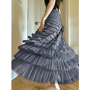 Elegant A Line Fairy Tulle Tiered Skirt for Women Elastic High Waist Layered Mesh Tutu Flowy Long Skirts for Women,Grey,Size for 110lbs-175lbs