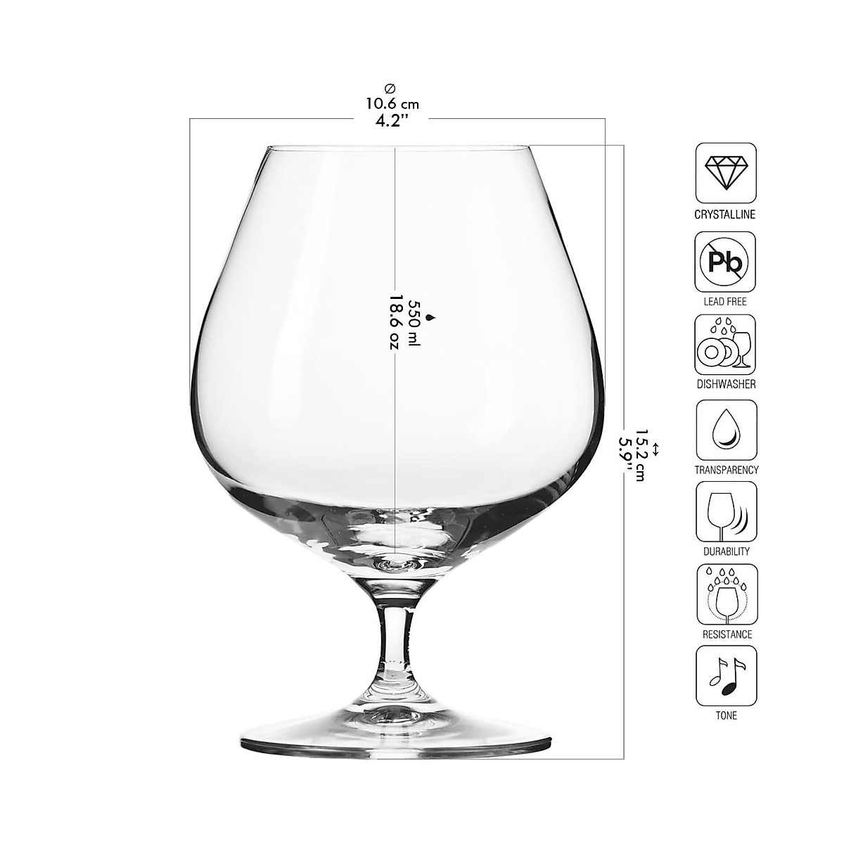 Krosno Brandy Cognac Snifter Glasses | Set of 6 | 18.6 oz | Harmony Collection | Perfect for Home Restaurants and Parties | Dishwasher Safe | Gift Idea | Made in Europe