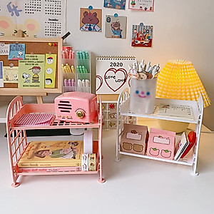 QUMENEY Desktop Rack Cosmetic Stationery Storage Holder, 2-Tier Multifunctional Plastic Shelf Makeup Organizer for Skincare Office Kitchen Bedroom Bathroom Home (Lemon Yellow)