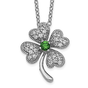 IceCarats 925 Sterling Silver Green Glass White Cubic Zirconia CZ 4 Leaf Lucky Clover Shamrock Flower Necklace 15 inch Chain