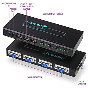 Fosmon 4-Port VGA KVM Switch, 3 USB Hubs, 1 Audio Output, 4 VGA Cables, (2048x1536@500MHz with DDC) Share 4 Computers with 1 Monitor and 3 USB Devices Mouse Keyboard Printer for PC Laptop Desktop