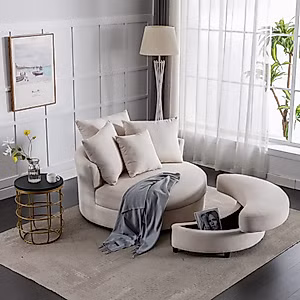 Yehha Sofa 360 Swivel Top Barrel Storage Ottoman & 4 Pillows, Modern Linen Leisure Chair Round Accent for Living Room Bedroom, Creamy White