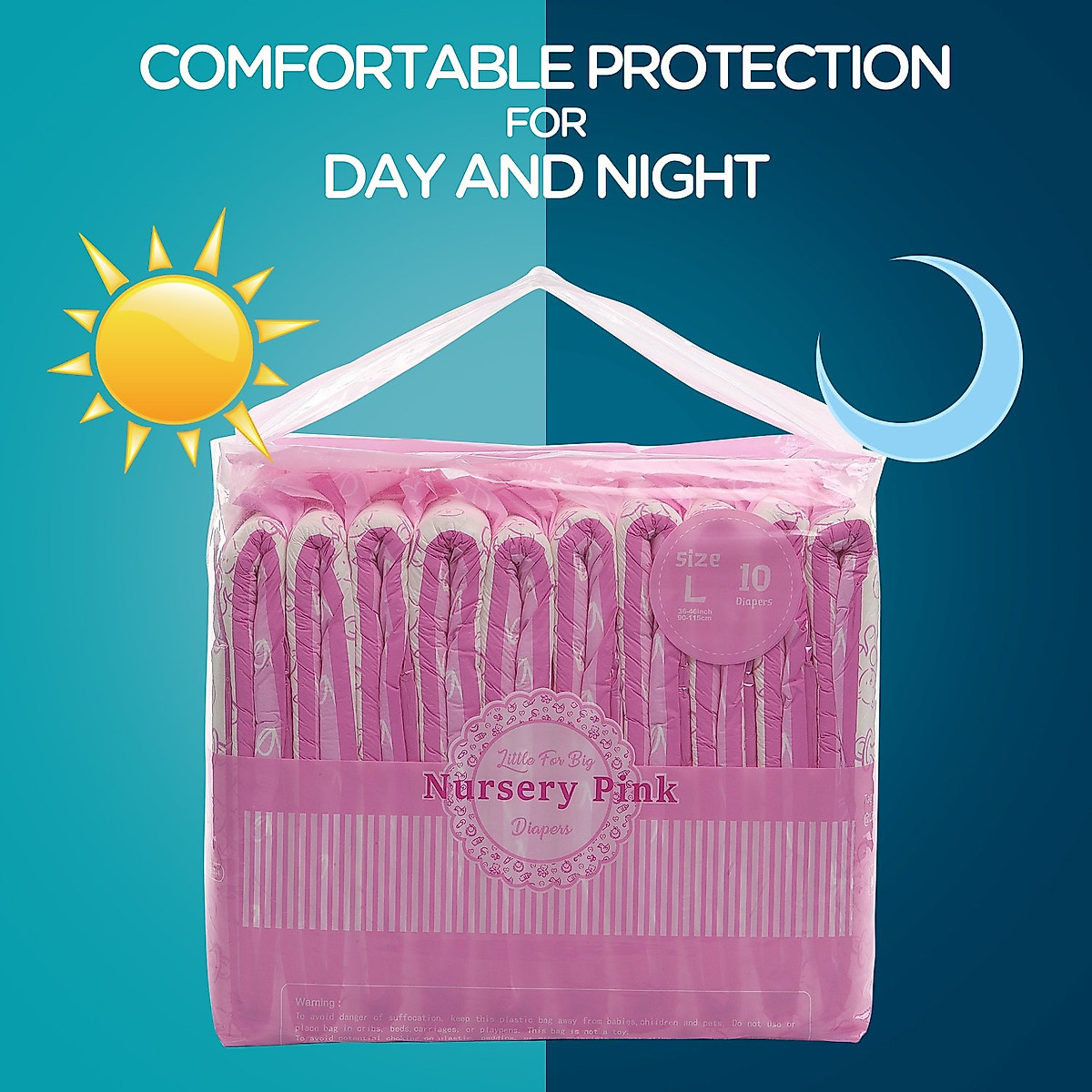 Littleforbig Adult Printed Diaper 40 Pieces (4 Packs) - Nursery Pink (Medium 28"-38")