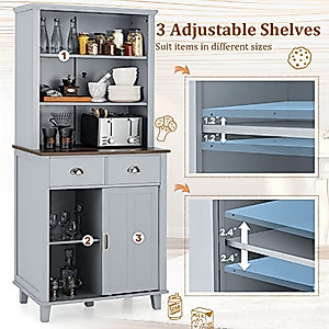 LOKO 67” Kitchen Pantry Storage Cabinet, Freestanding Buffet Sideboard with 3 Open Shelves, Microwave Countertop, 2 Pull-Out Drawers & Sliding Door Cabinet, Kitchen Hutch for Dining Room (Grey)