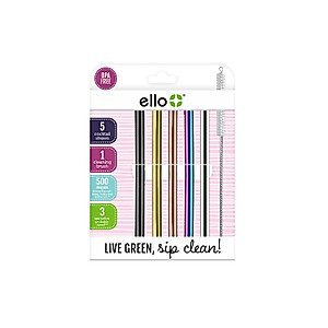 Ello 5-Pack Stainless Steel Reusable Cocktail Straws with Cleaning Brush (Metallic Multicolor)