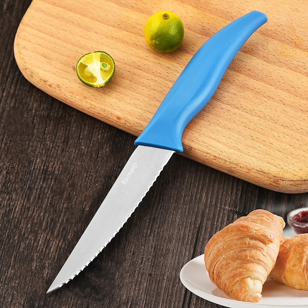 Eocogup Steak Knives,4.5'' Serrated Steak Knives Set of 6,Dishwasher Safe,Resists Rust,Ultra Sharp and Won't Have the Feeling of Shred Your Meat,High Carbon Stainless Steel Color Handle