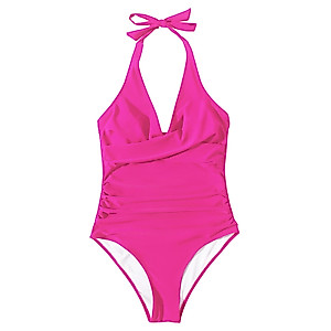 SUUKSESS Women Sexy Tummy Control One Piece Swimsuits Halter Push Up Monokini Bathing Suits (Hot Pink, L)