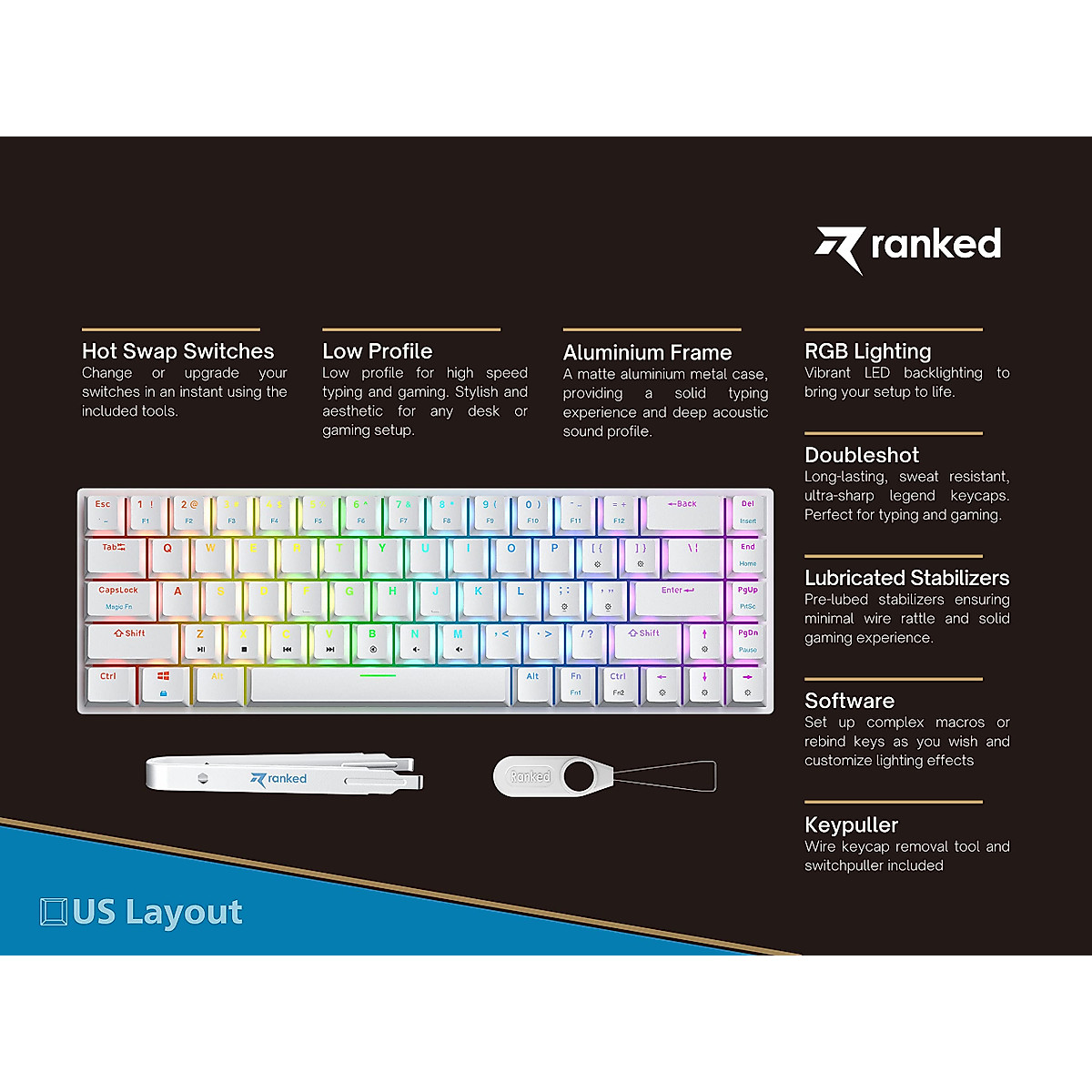 Ranked G65 Guardian 65% | Full Aluminum Frame | Ultra Slim Hot Swappable Mechanical Gaming Keyboard | 68 Keys Multi Color RGB LED Backlit for PC/Mac Gamer (White, Gateron Low Profile Brown)