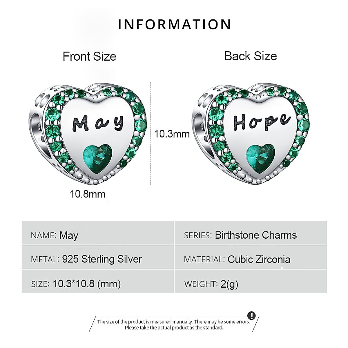 TIZU 925 Sterling Silver May Birthstone Charms for Pandora Bracelet Love Heart Beads Charm Happy Birthday Mother's Day Christmas Jewelry Gift for Women