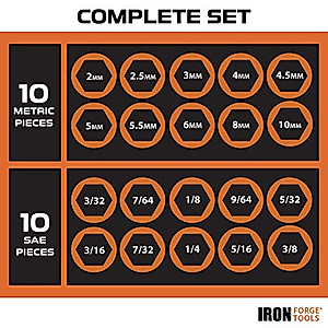 Iron Forge Tools 20 Piece T Handle Allen Wrench Set - SAE & Metric Hex Key Set with Stand U.S. Veteran Owned Brand
