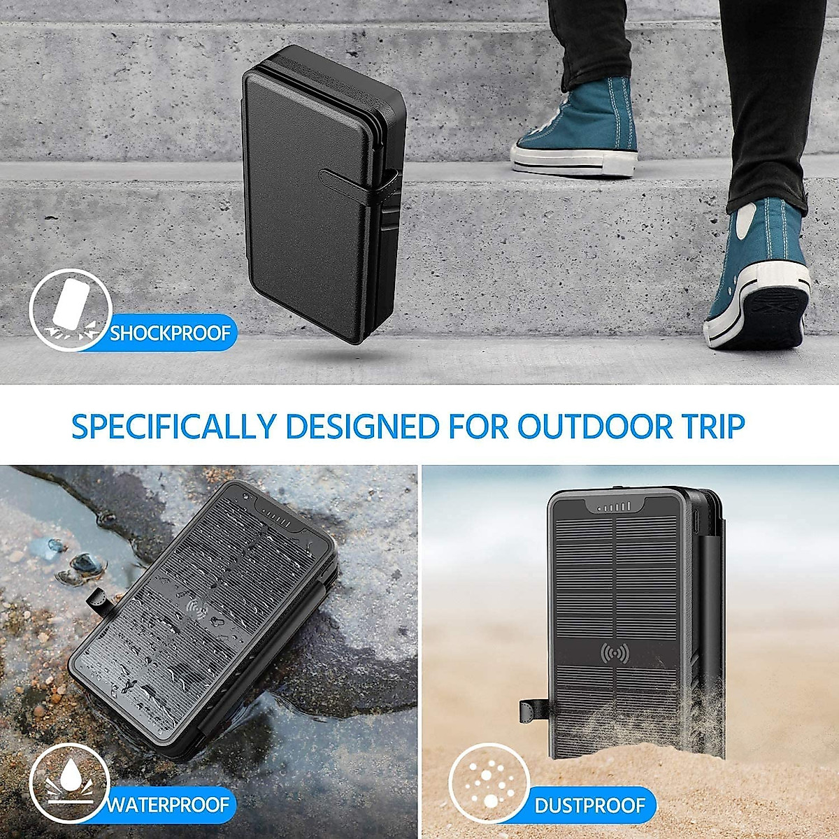 Solar-Charger-Power-Bank - 35800mAh with Dual 5V3.1A Outputs 10W Qi Wireless Charger Waterproof Built-in 4 Solar Panel and Bright Flashlights