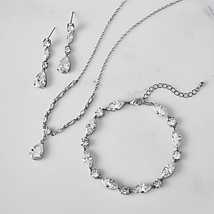 SWEETV Bridal Jewelry Set for Wedding, Cubic Zirconia Necklace Dangle Drop Earrings Bracelet Set, Teardrop Marquise Brides Bridesmaids Wedding Prom Anniversary Jewelry Gifts for Women