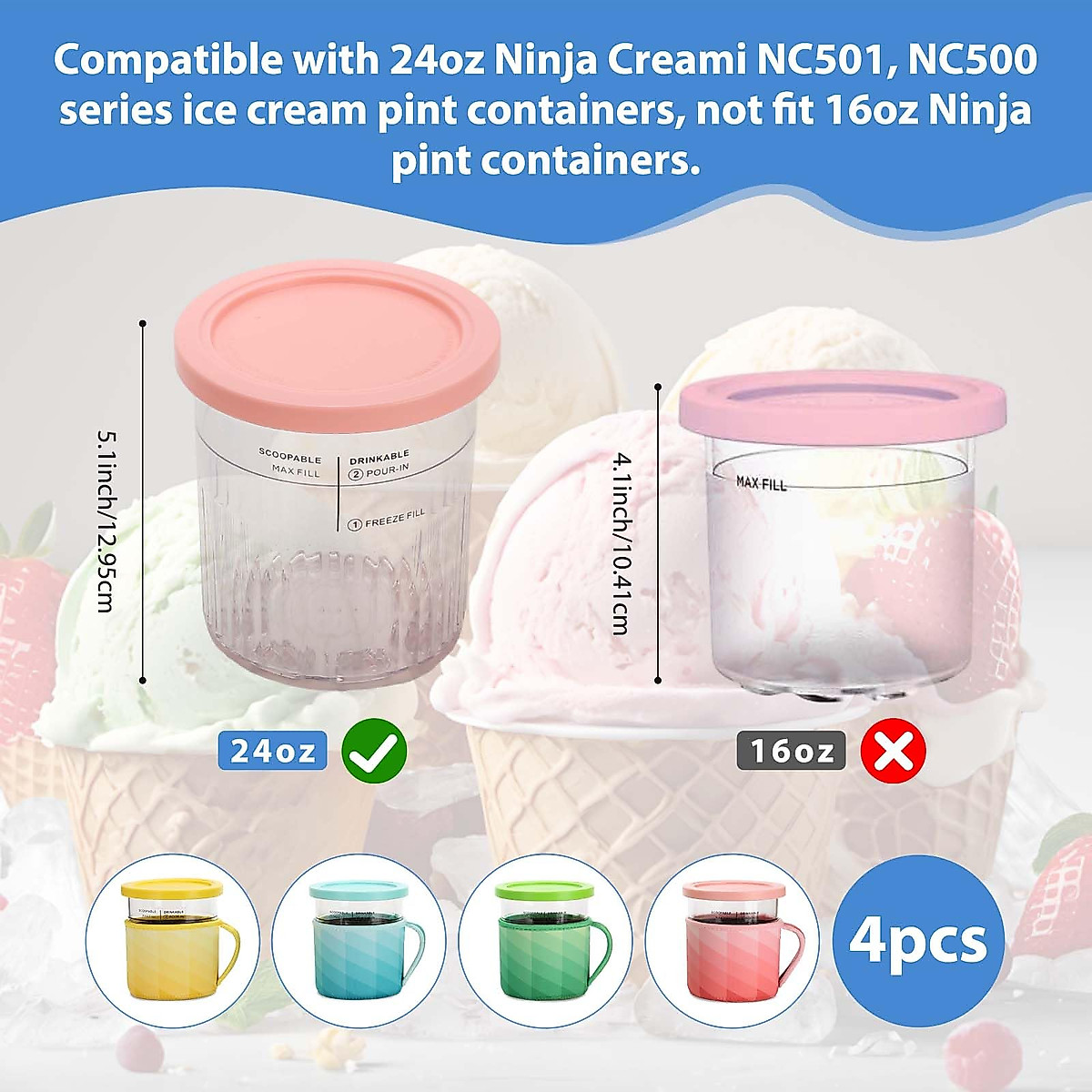 OVRRCSME Deluxe Ice Cream Pints Neoprene Sleeves 4 Pack，Compatible with Ninja Creami NC501 NC500 Series 24oz Ice Cream Maker Containers (24oz 4 Cups+4 Sleeve)