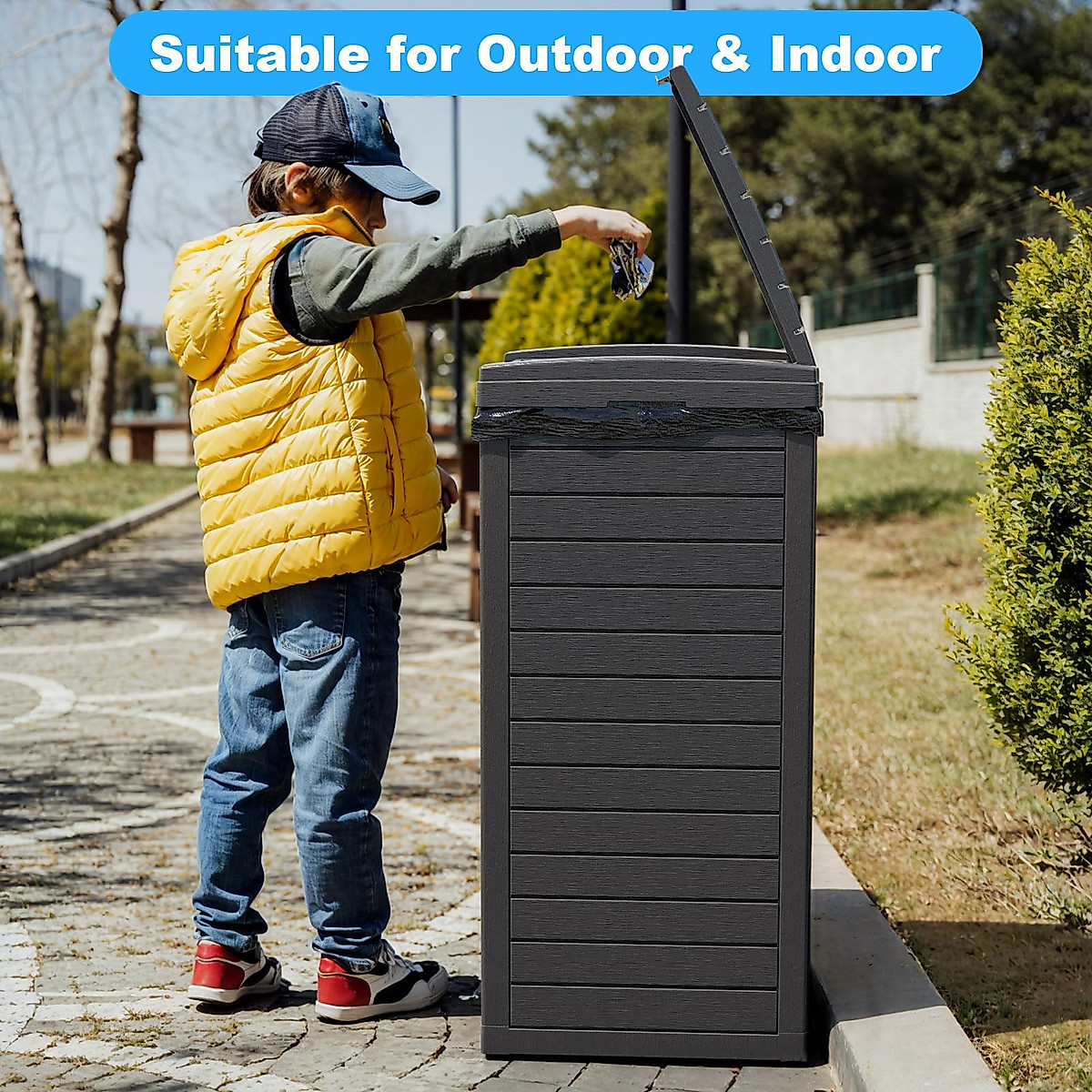 MAIUSCOLI Outdoor Trash Can with Lid, Outdoor Trash Bin & Pull-Out Liquid Drawer, Dual Lid Closure Design, Waterproof Resin Garbage Can Container for Patio, Backyard, Deck (Black, 31)