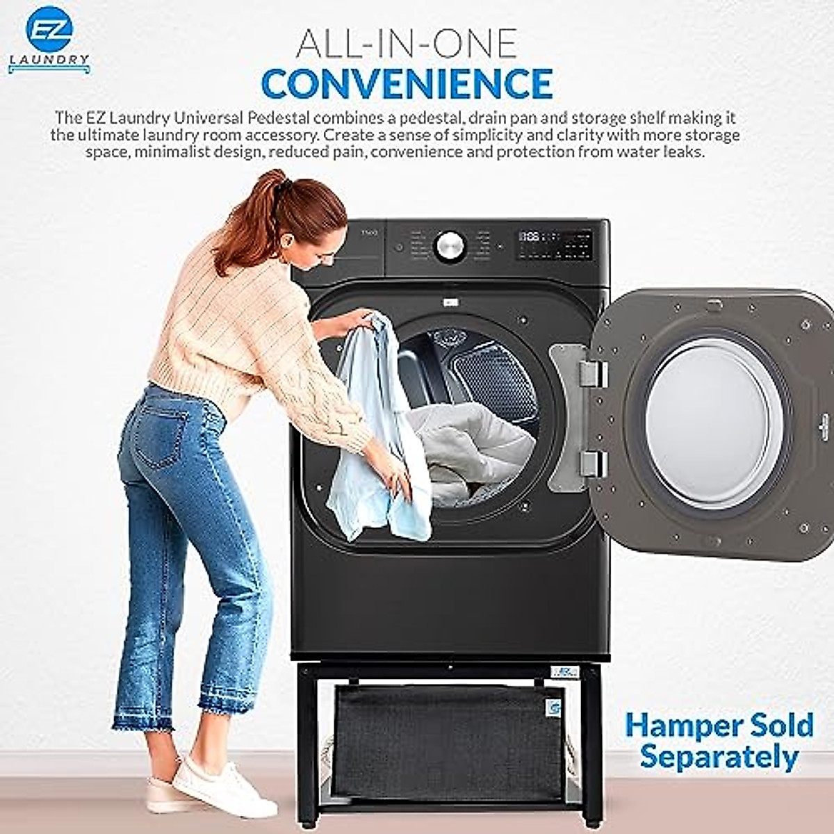 EZ Laundry | Upgraded 29” Universal Pedestal – 700lbs Capacity, Raises 16” with Built-in Drain Pan + Hose, Adjustable Feet, Anti-Vibration, Steel & Storage Shelf for Washer & Dryer (Black)