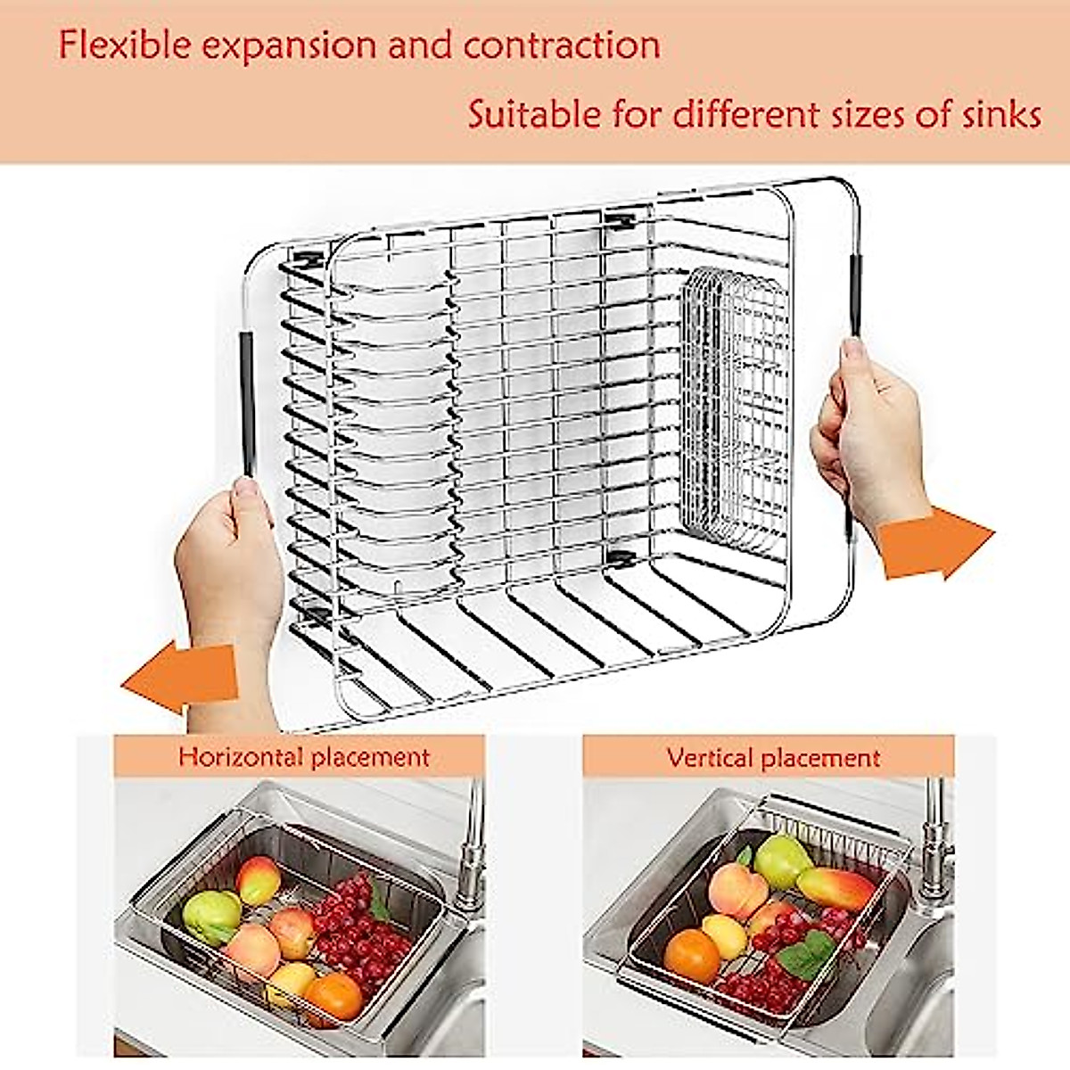 NiuYichee Dish Drying Rack in Sink, Expandable Stainless Steel Dish Drainer Rack Organizer Over Sink Counter, with Stainless Steel Utensil Racks, Fit 14.2" to 19.5" Sinks (Large)