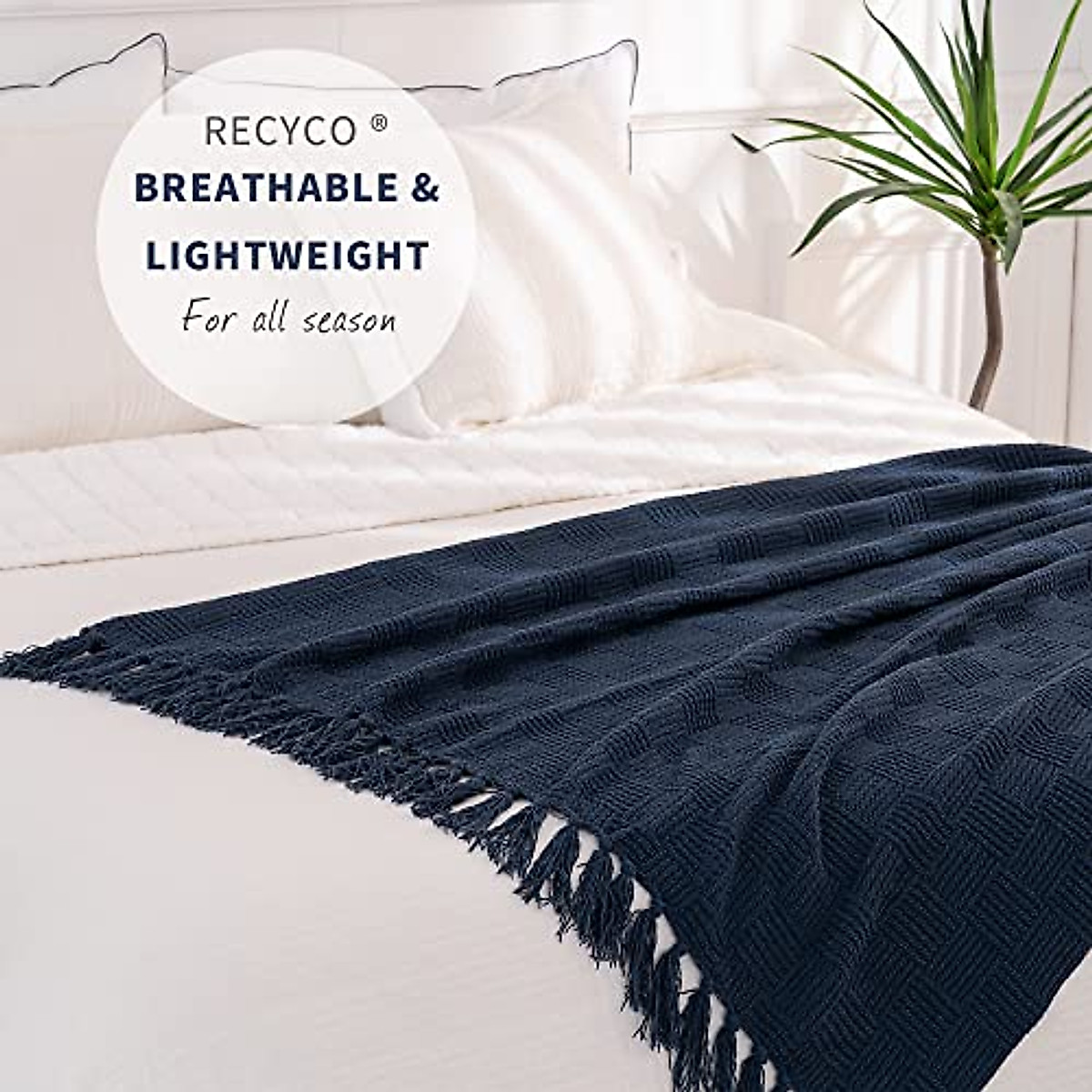 RECYCO Chenille Throw Blanket for Couch, Soft Cozy Knit Throw Blankets with Tassels, Woven Chenille Throw Blanket Knitted Blanket for Bed Sofa Chair, 50 x 60 Inches, Navy Blue, Laundry Bag Included