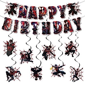 Miles Morales Birthday Decorations Cartoon Spider Party Decorations Banner and Hanging Swirls for Kid, Boys and Girls Black Spider Happy Birthday Banners
