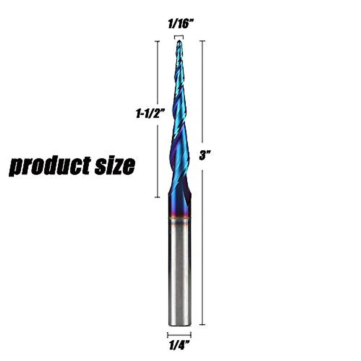 Jiiolioa ZQ21A3 CNC Router Bits 2D&3D Carving 3.6 Deg Tapered Angle 2 Flute Ball Nose 1/4" Shank 1/16"X1 1/2"X1/4"X3"