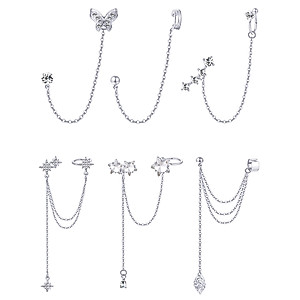 Tornito 6Pcs Cuff Earring Chain Leaf Snowflake Star Butterfly with CZ Crawler Climber Earring Studs Drop Dangling Chain Wrap Tassel Earring for Women Men 20G Silver Tone