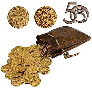 50 DND Fantasy Metal Gold Coins & Leather Pouch for Dungeons & Dragons Novelty Tabletop RPG Board Games Tokens Treasure Coins for Party Tablelap Games Accessories Addons Medieval Game Retro Props