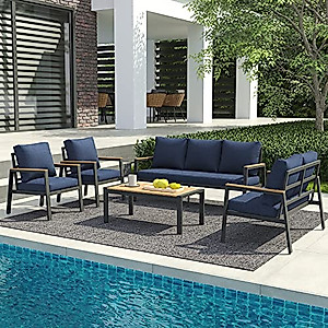 JOIVI Aluminum Patio Furniture Set, 5 Pieces Outdoor Conversation Set with Teak Wood Top Coffee Table, Sectional Sofa Set with Wood Armrest and Cushions for Outside Poolside, Lawn, Backyard, Navy Blue