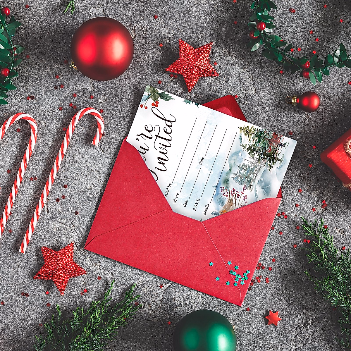 Whaline 25 Pack Christmas Party Invitation Cards Winter Woodland Robin Invitation Paper Cards with Dark Red Envelopes Xmas Holiday Watercolor Animals Party Invites