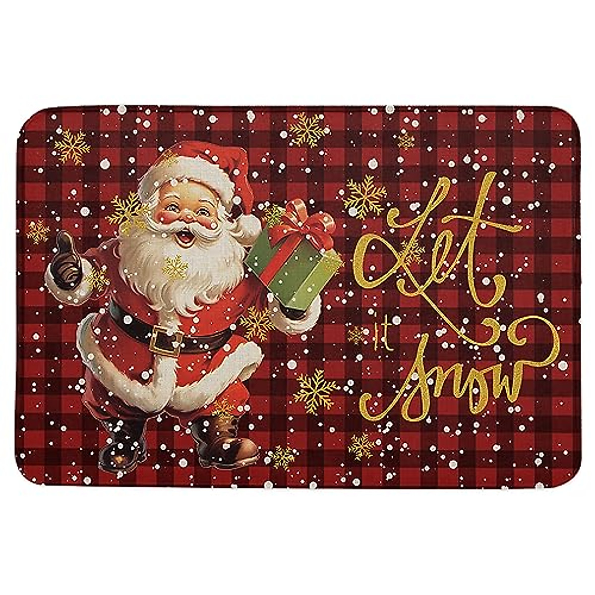 Christmas Santa Claus 1 Piece Water Absorbent Door Mat Anti-Skid Memory Foam Cushioned Rug Comfort Standing Floor Mat for Office Home Bathroom Kitchen 16x24 Inch Snowflakes Red Buffalo Plaid