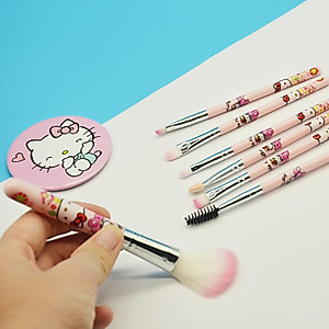 7 PCS Kitty Makeup Brush with Kitty Cat Mirror-Cosmetic Makeup Brush Set Tool Kit Set Brush Set Best Gift for Young Girl Women
