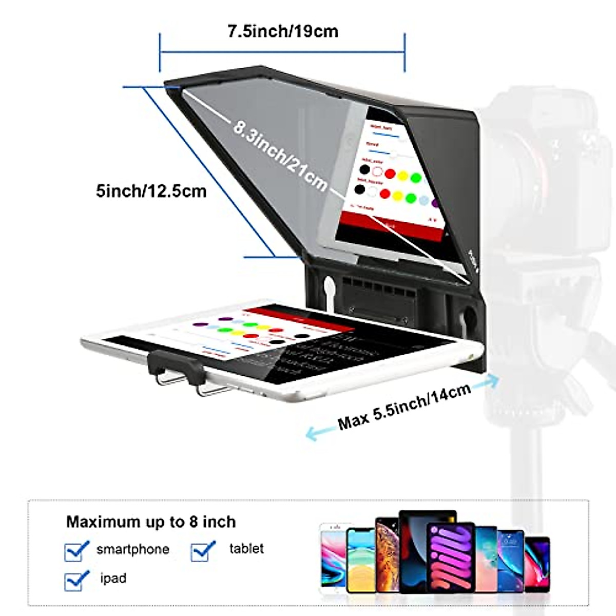 Desview T2 Teleprompter for Tablet Smartphone iPad up to 8 inch,70/30 Beam Splitter Glass,Teleprompter with Remote Control for DSLR Camera Phone Video Recording