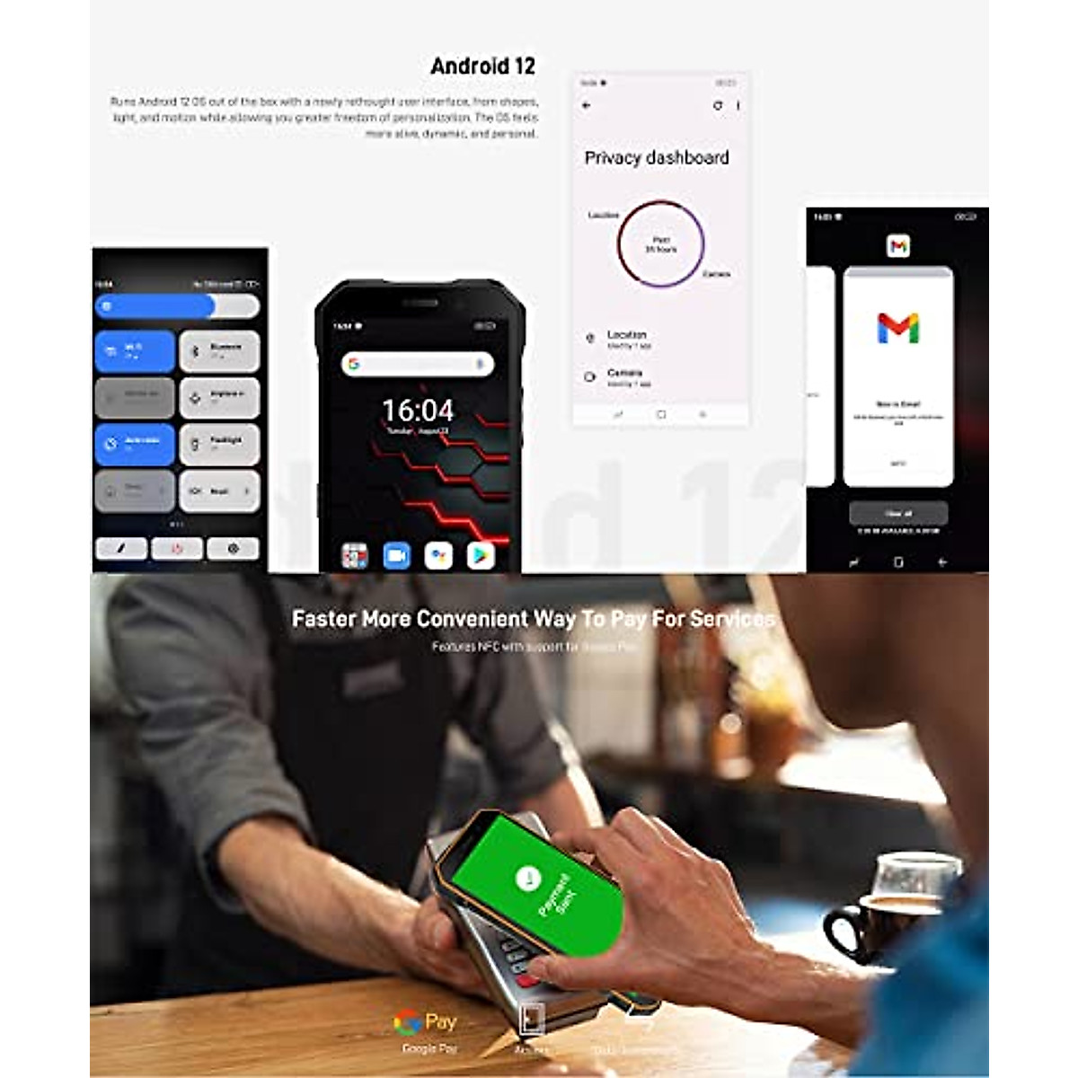 DOOGEE S51 Rugged Smartphone Unlocked, Android 12 4GB+64GB Waterproof Cell Phone, 12MP + 8MP AI Camera, 6.0" HD+ Screen 5180mAh Battery Dual SIM 4G Global Unlocked Rugged Phone NFC GPS OTG FM, Black
